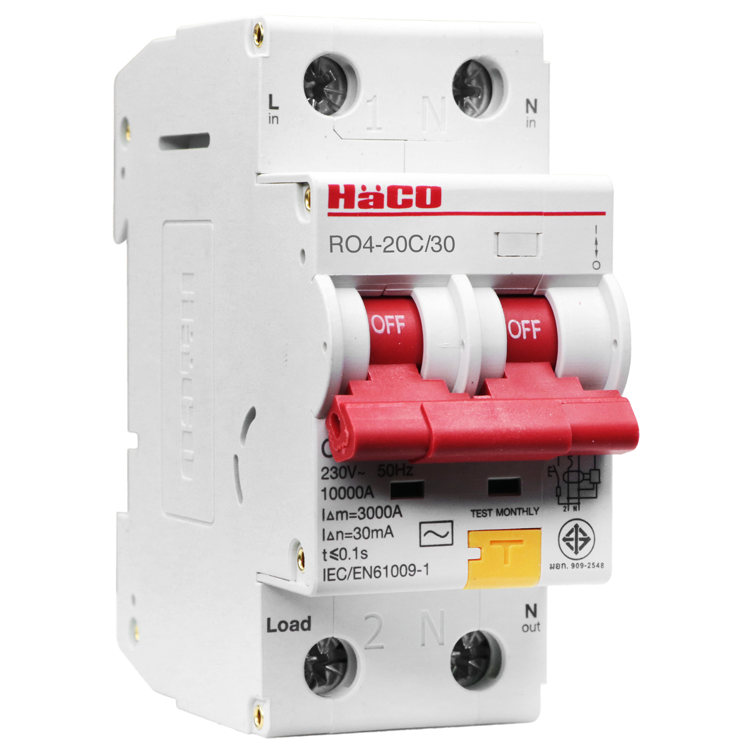 Haco RO4-20C/30 RCBO 2P 20A 230VAC 30mA 10kA | Easy Hardware